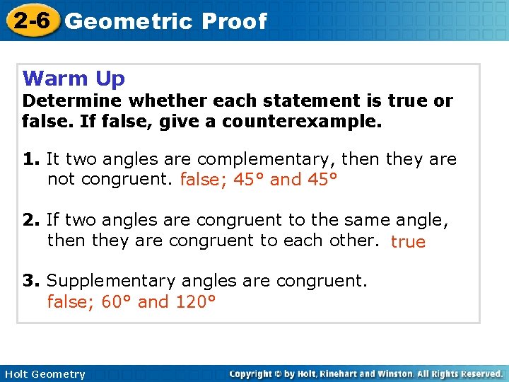 2 6 Geometric Proof Warm Up Lesson Presentation