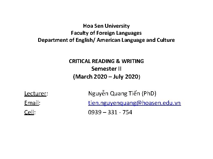 Hoa Sen University Faculty of Foreign Languages Department