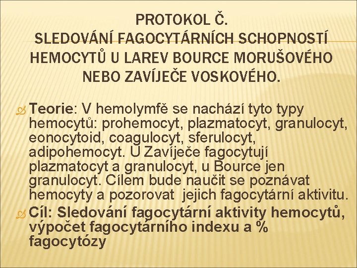 PROTOKOL Teorie Pozorovn bunk hemocyt HEMOLYMFY hemolymfa u