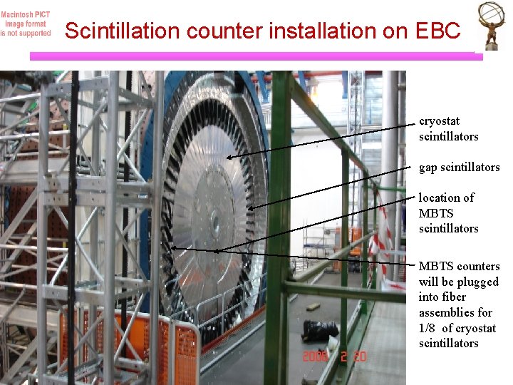 Scintillation counter installation on EBC cryostat scintillators gap