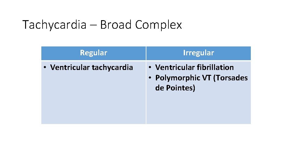 Tachycardia Broad Complex Regular Ventricular tachycardia Irregular ...