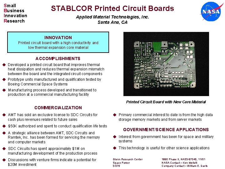Small Business Innovation Research STABLCOR Printed Circuit Boards