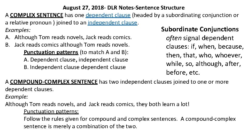 August 27 2018 DLR NotesSentence Structure A COMPLEX