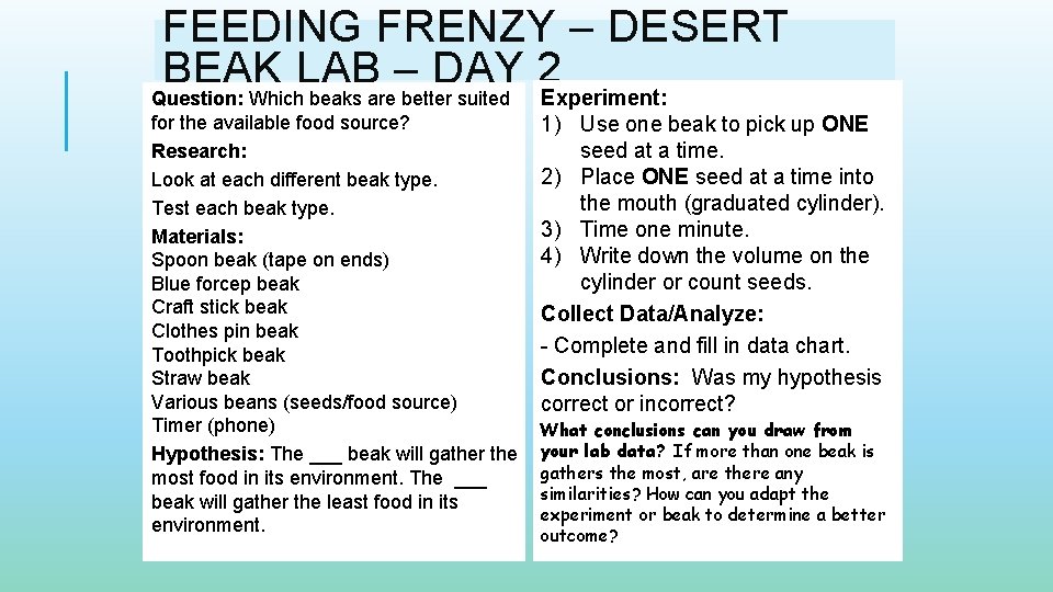 FEEDING FRENZY DESERT BEAK LAB DAY 1 Problem
