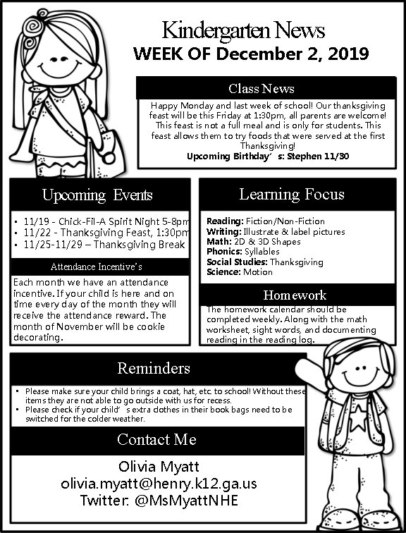 Kindergarten News WEEK OF December 2 2019 Class