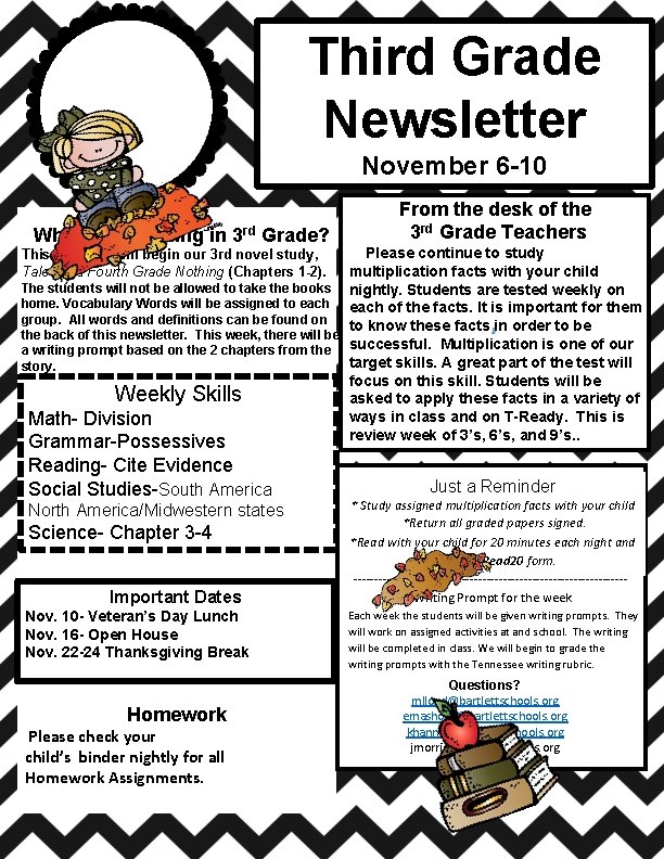 Third Grade Newsletter November 6 10 Whats Happening