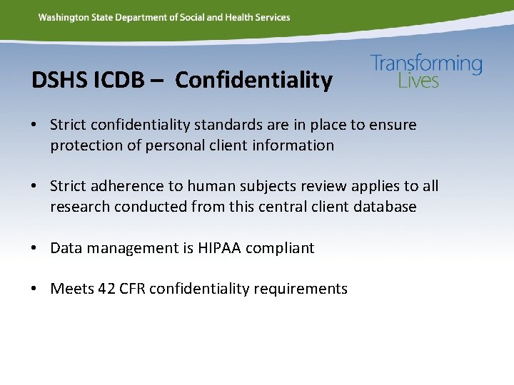 Washington State DSHS Integrated Client Database ICDB Division