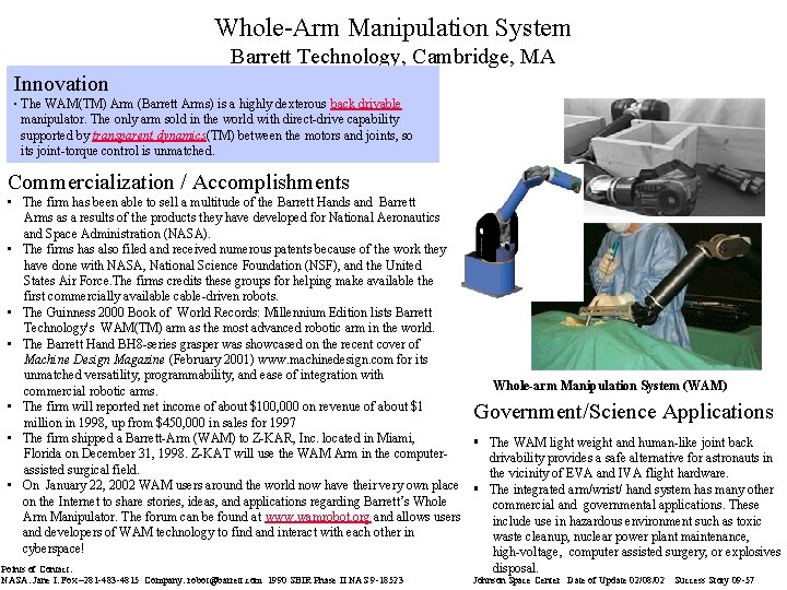 WholeArm Manipulation System Barrett Technology Cambridge MA Innovation
