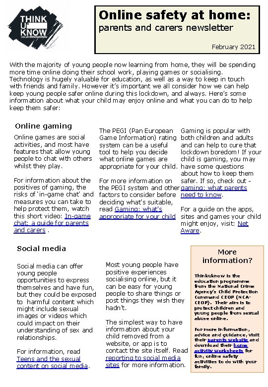 Online safety at home parents and carers newsletter