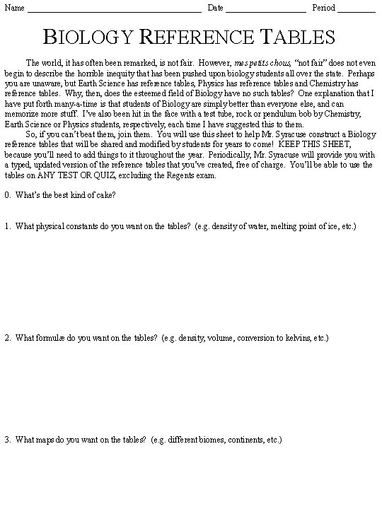 Name Date Period BIOLOGY REFERENCE TABLES The world