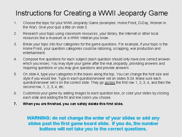 Instructions for Creating a WWII Jeopardy Game 1