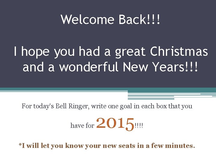 Welcome Back I hope you had a great