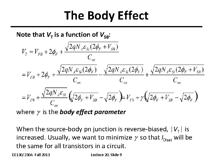 Lecture 20 OUTLINE The MOSFET contd Longchannel IV