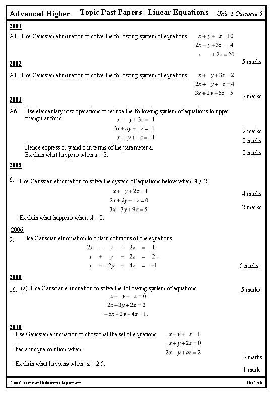 Advanced Higher Topic Past Papers Linear Equations Unit