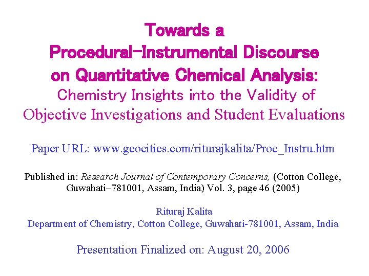 Towards a ProceduralInstrumental Discourse on Quantitative Chemical ...