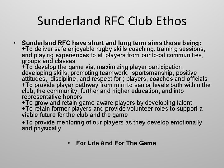 Sunderland RFC Club Player Pathway For Life and
