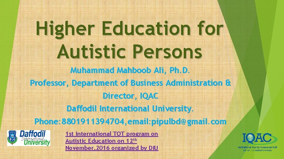 Higher Education for Autistic Persons Muhammad Mahboob Ali