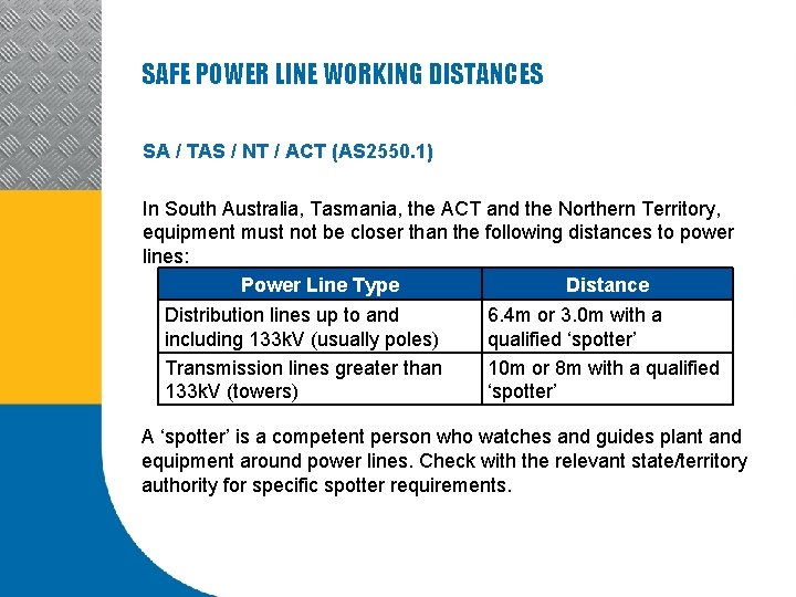SAFE POWER LINE WORKING DISTANCES SA TAS NT