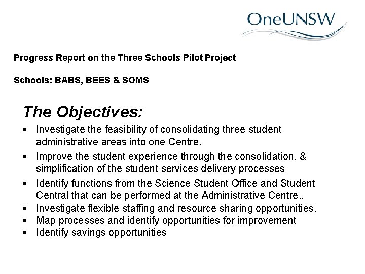 Progress Report on the Three Schools Pilot Project