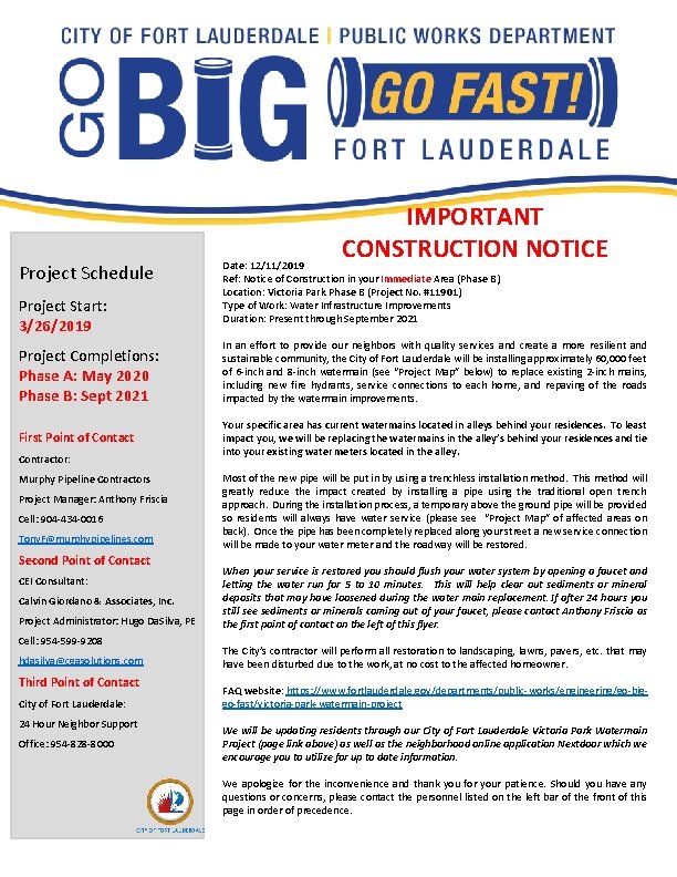 Project Schedule Project Start 3262019 IMPORTANT CONSTRUCTION NOTICE