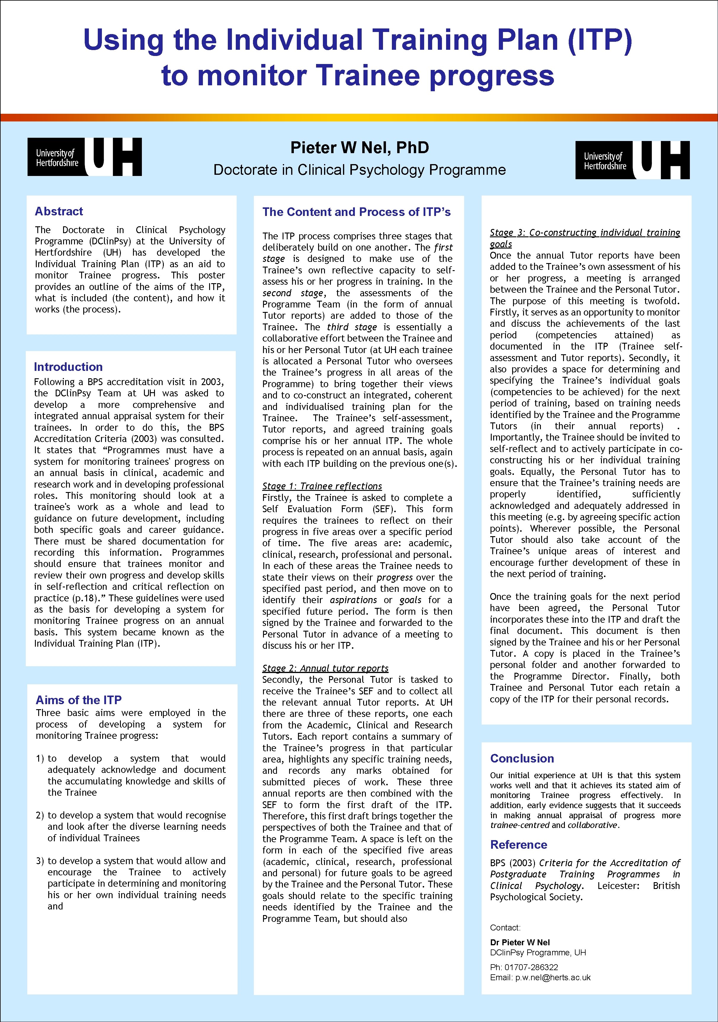 Using the Individual Training Plan ITP to monitor