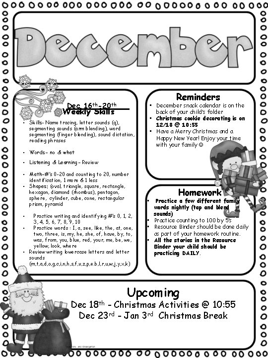 Dec Reminders 16 th20 th December snack calendar