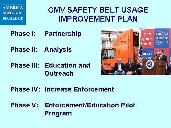 CMV SAFETY BELT USAGE IMPROVEMENT PLAN Phase I