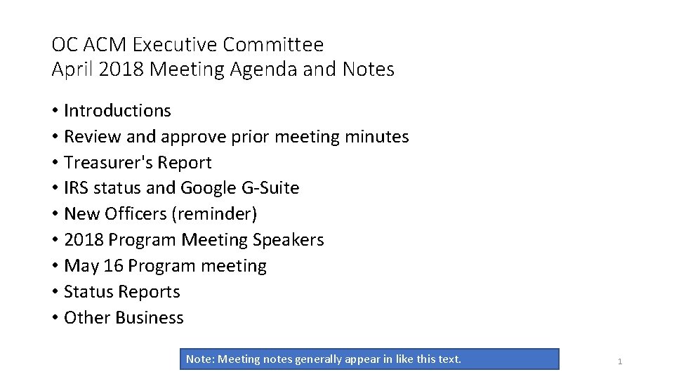 OC ACM Executive Committee April 2018 Meeting Agenda