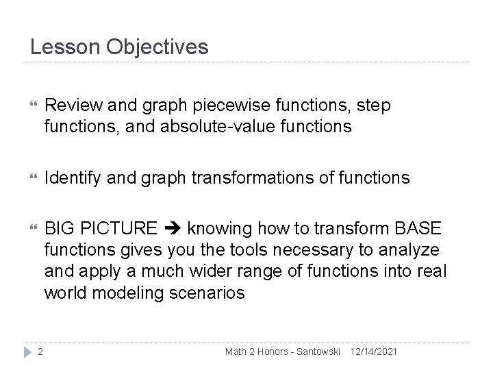 Lesson 10 Transformations of Functions Math 2 Honors