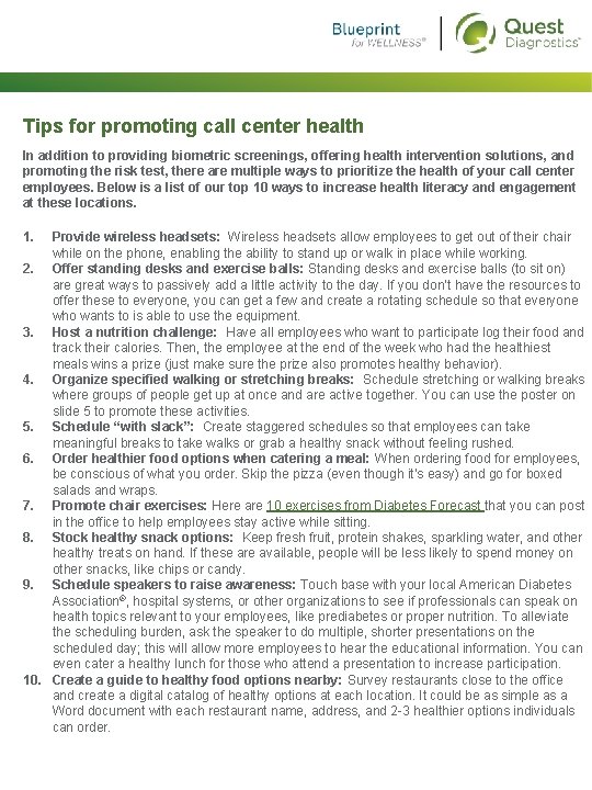Building the foundation for a healthier workforce Call