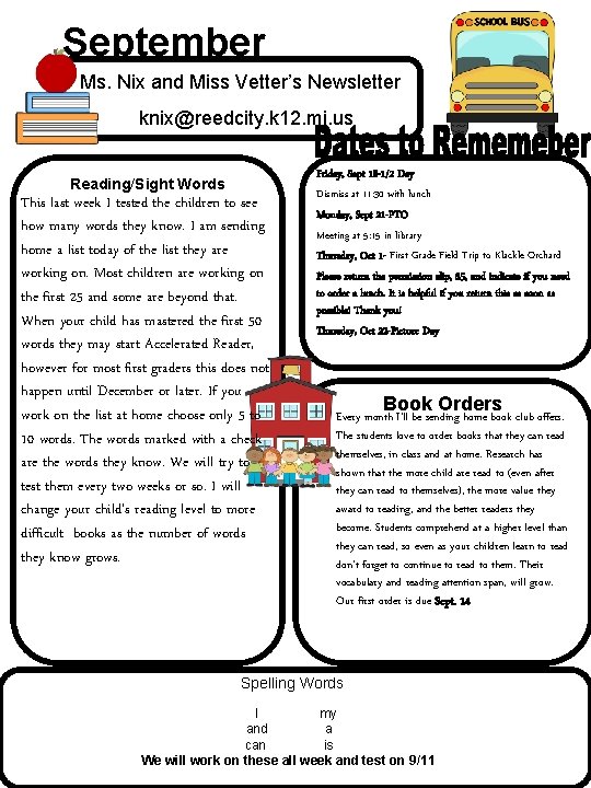 September Ms Nix and Miss Vetters Newsletter knixreedcity