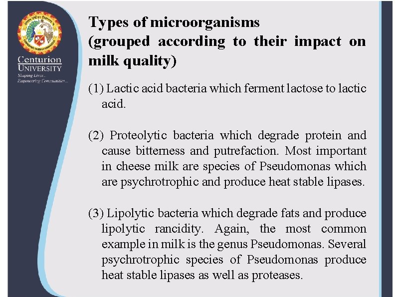 SPOILAGE OF MILK AND DAIRY PRODUCTS Milk microbiology
