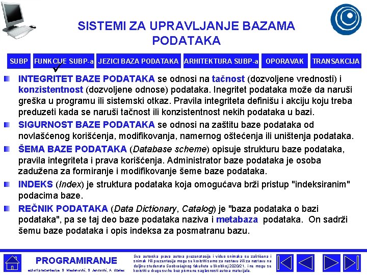 SISTEMI ZA UPRAVLJANJE BAZAMA PODATAKA SUBP FUNKCIJE SUBPa