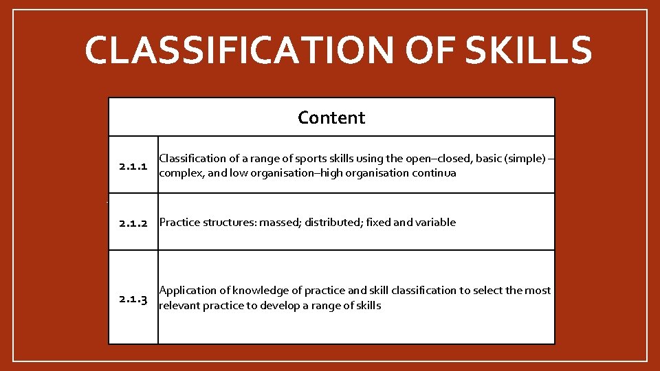 CLASSIFICATION OF SKILLS Content 2 1 1 Classification