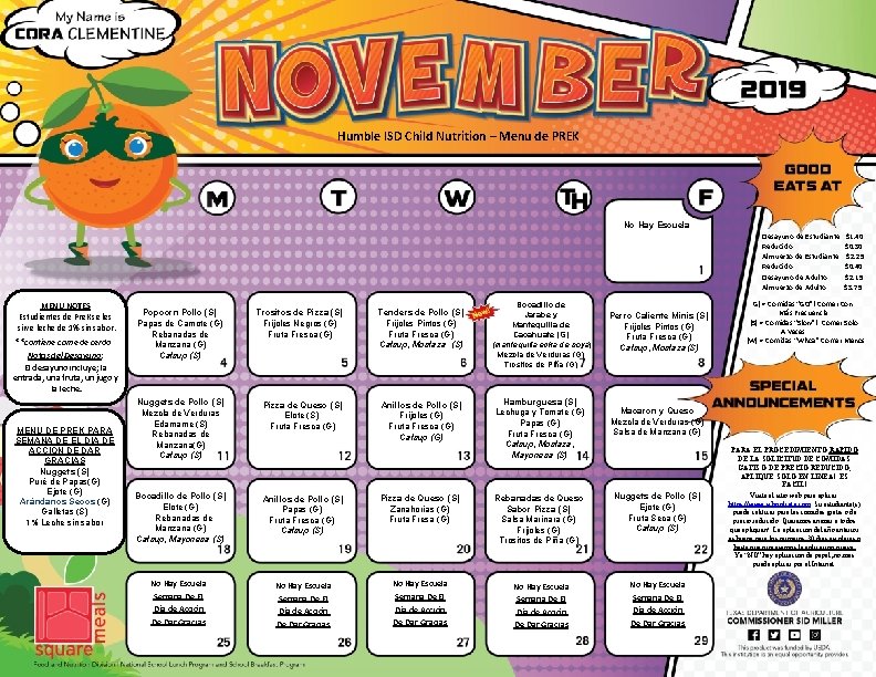 Humble ISD Child Nutrition Menu de PREK No