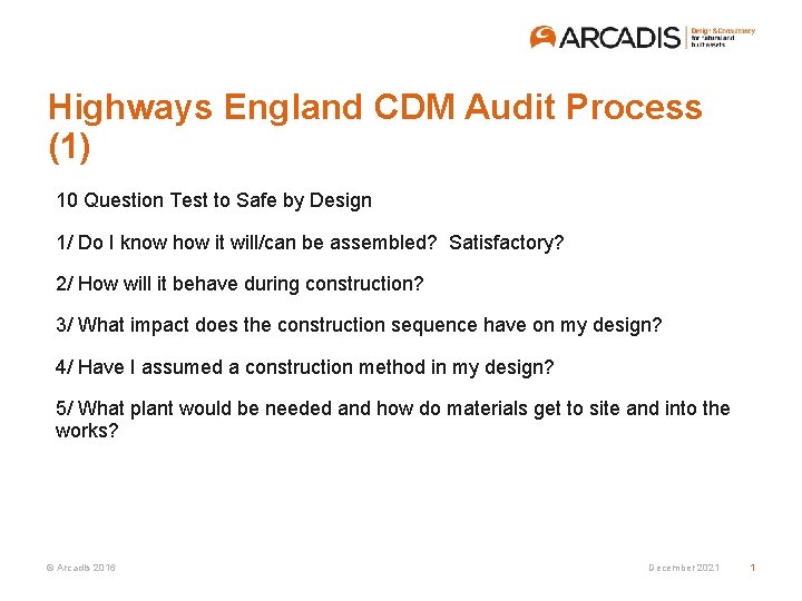 Highways England CDM Audit Process 1 10 Question