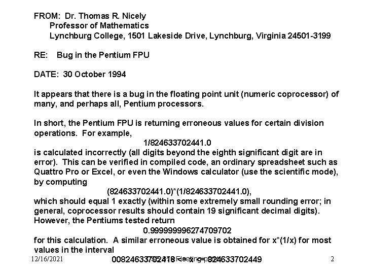 Intel Division Bug Scroll back to Autumn 1994