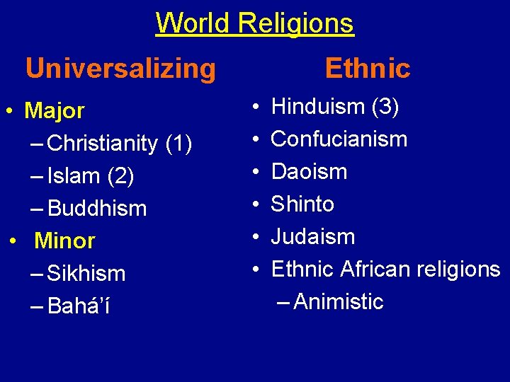 Religion Universalizing vs Ethnic Religions Global Distribution of