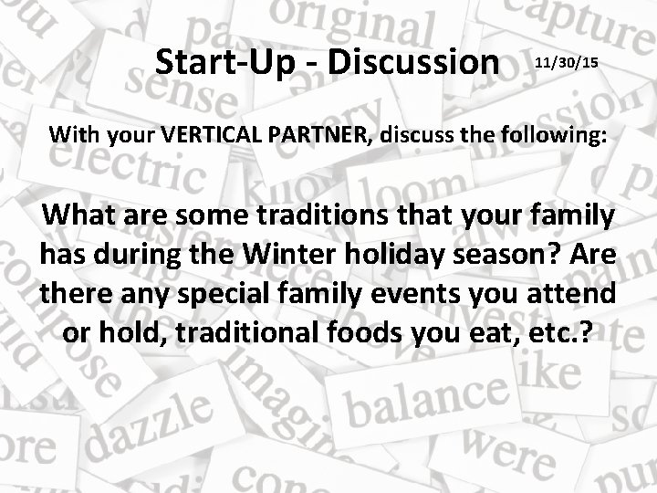 StartUp Discussion 113015 With your VERTICAL PARTNER discuss