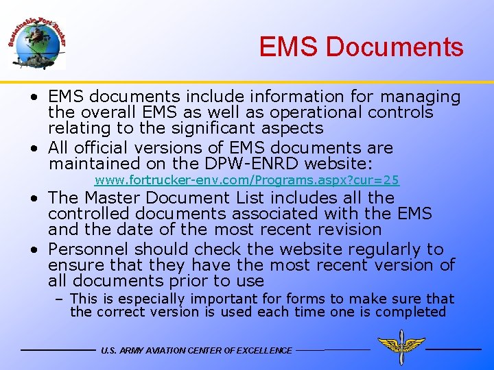 EMS General Awareness Training U S ARMY AVIATION