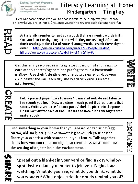 Literacy Learning at Home Kindergarten T i n