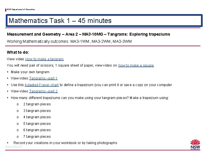 NSW Department of Education Stage 3 One unit