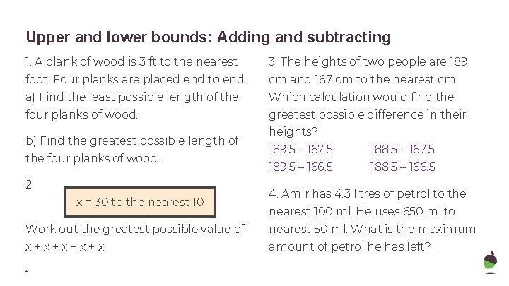 Upper and lower bounds Adding and subtracting Mr