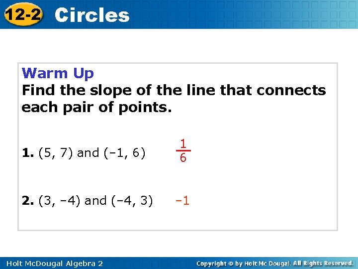 12 2 Circles Warm Up Lesson Presentation Lesson