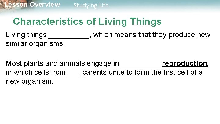Lesson Overview Studying Life Lesson Overview 1 3