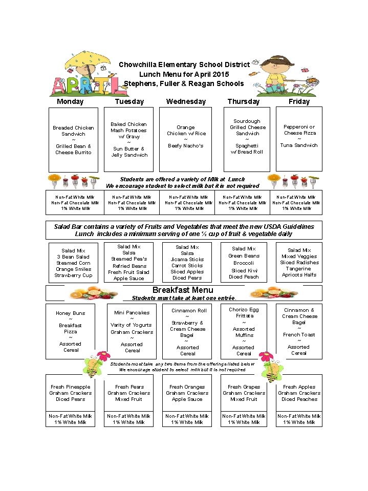 Chowchilla Elementary School District Lunch Menu for April