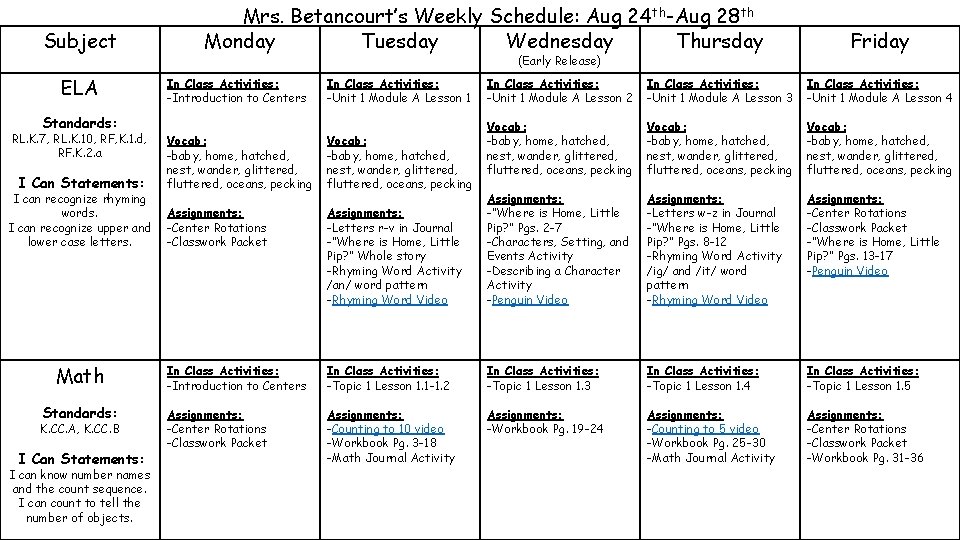 Subject ELA Mrs Betancourts Weekly Schedule Aug 24