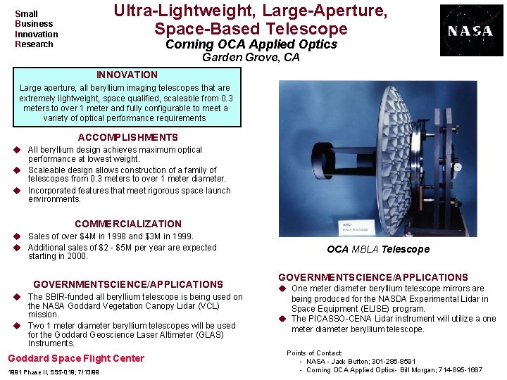 UltraLightweight LargeAperture SpaceBased Telescope Small Business ...