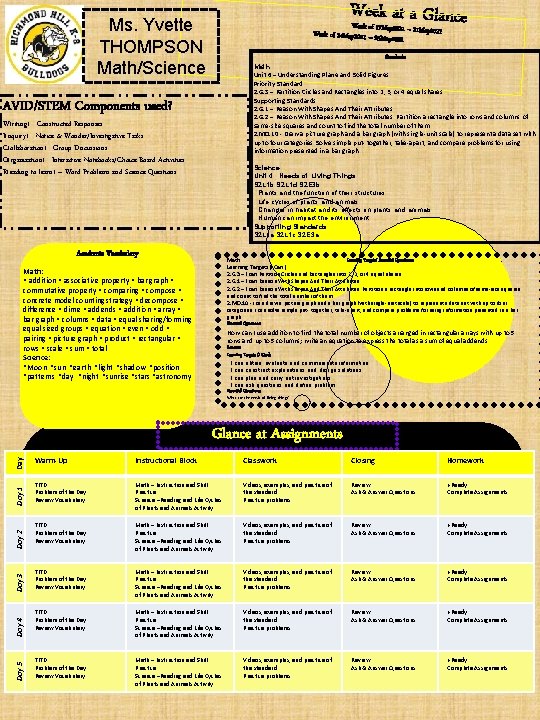 Week at a Glance Ms Yvette THOMPSON MathScience