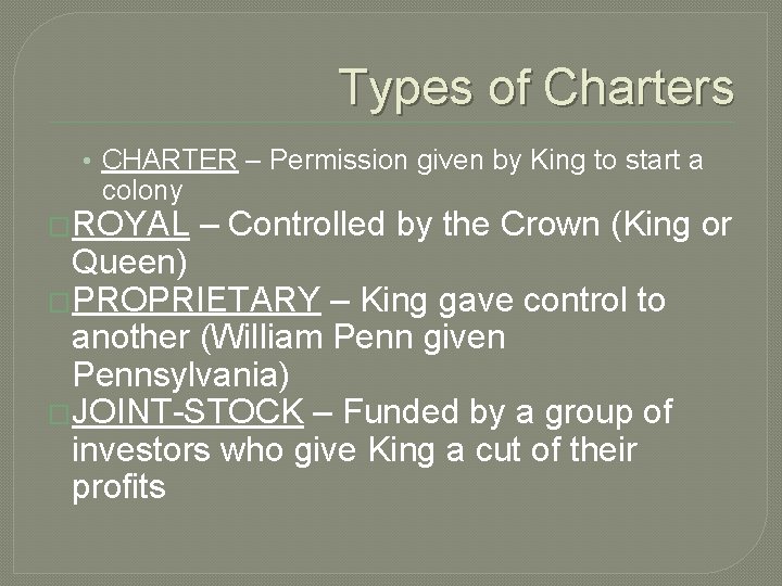 Colonization Types of Charters CHARTER Permission given by